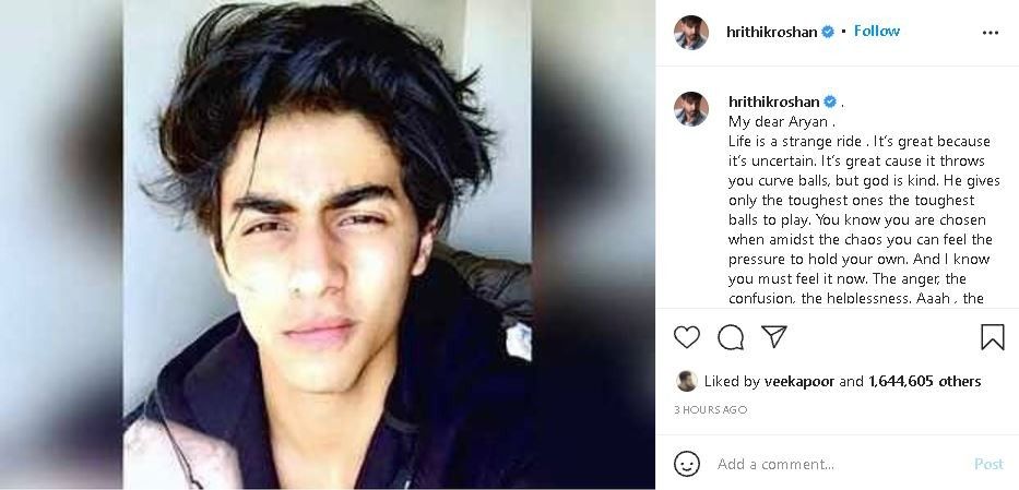 Hrithik Roshan comes out in support of Aryan Khan, writes “Life is a ...